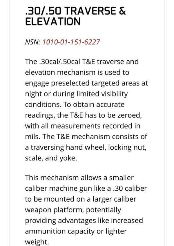 30 cal/ 50 cal TandE Traverse and elevation mechanism | Gun Runners